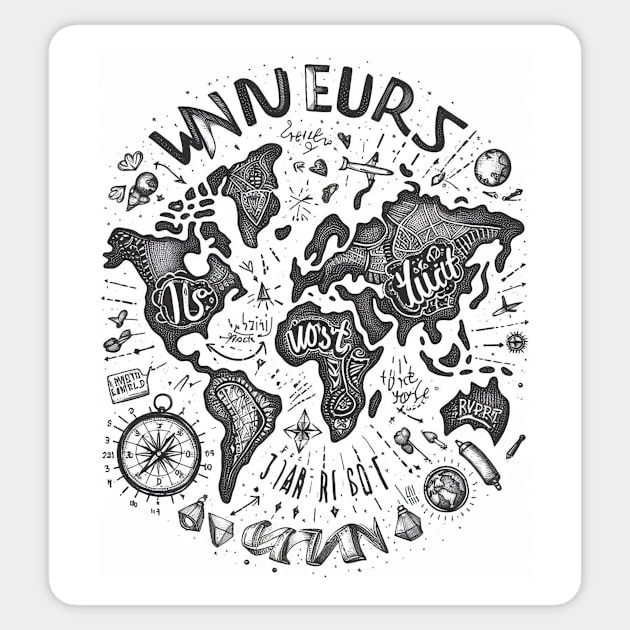 Wanderlust World Map Illustration - Travel - Sticker | TeePublic