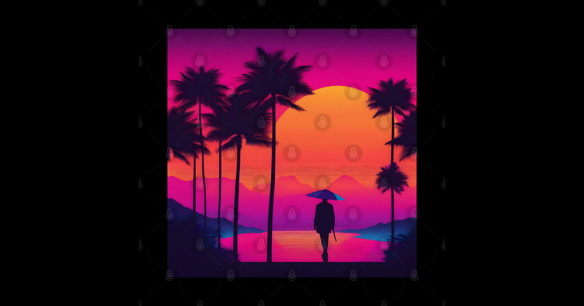 Synthwave samurai on palm lake - Synthwave Samurai - Sticker | TeePublic