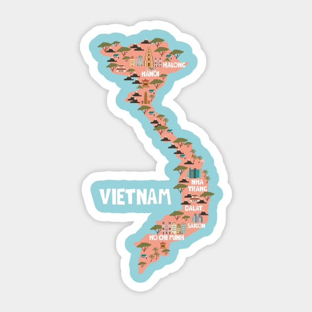 Vietnam Illustrated Map - Vietnam - Sticker | TeePublic