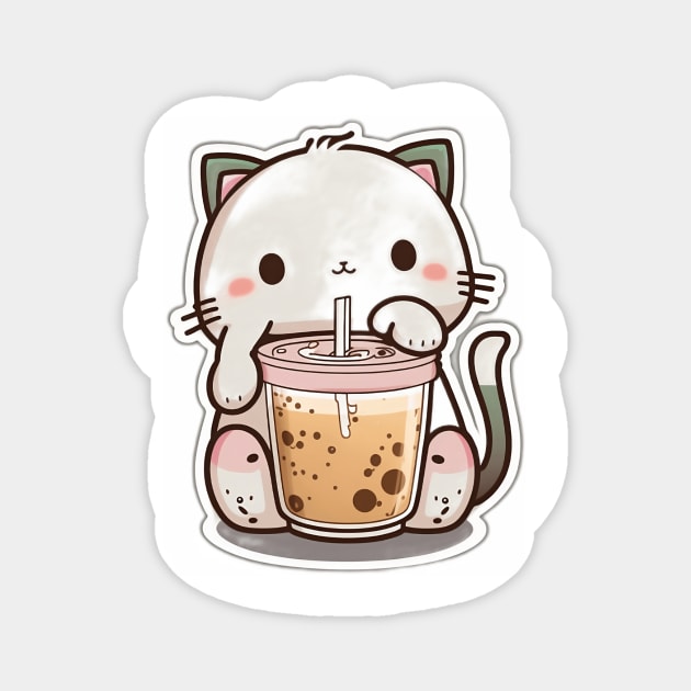 Cute Cat Drinking Bubble Tea Cartoon Boba Drawing - Bubble Tea - Magnet ...