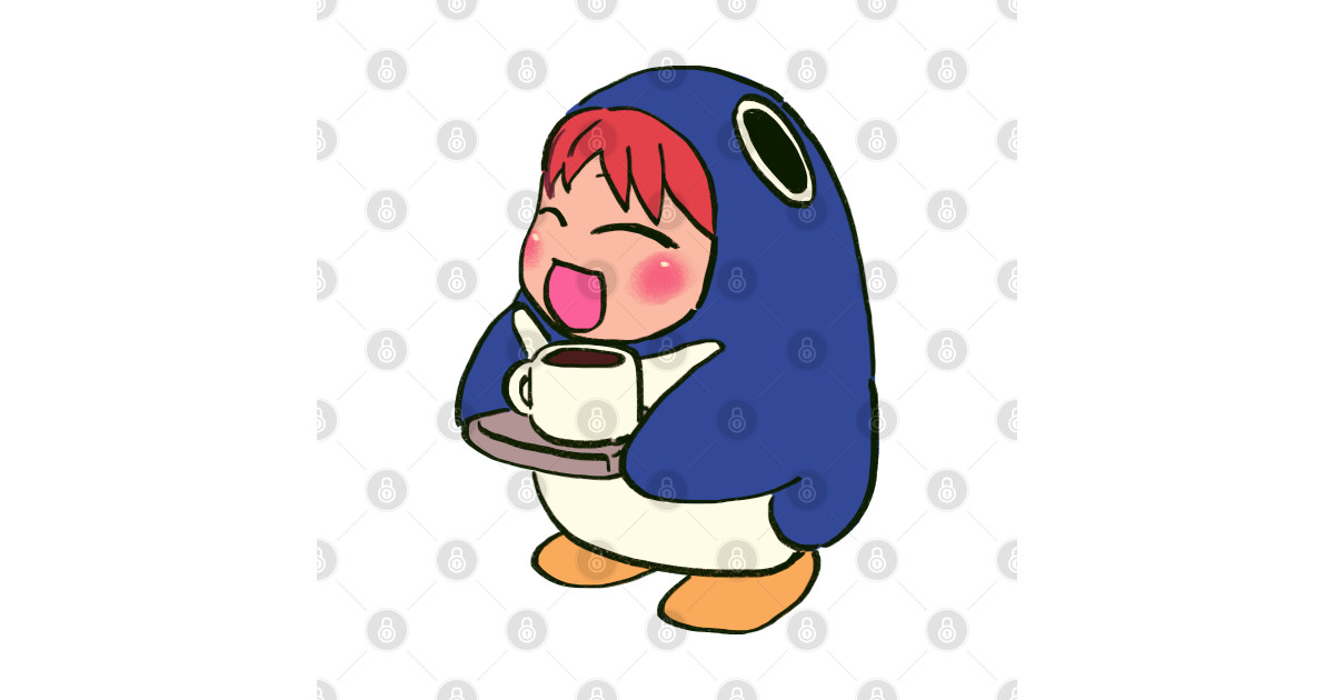 I draw cafe penguin suit chiyo chan serving coffee with a tray ...