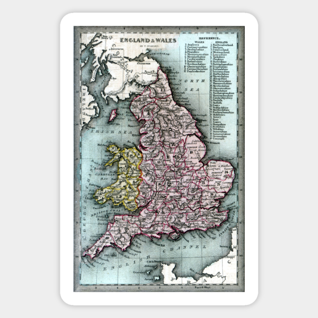1835 Map of England and Wales - Old England - Sticker | TeePublic
