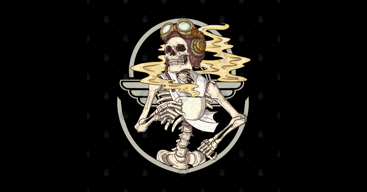 Skeleton in Classic Pilot Gear Enjoying Coffee - Aviator - Sticker ...