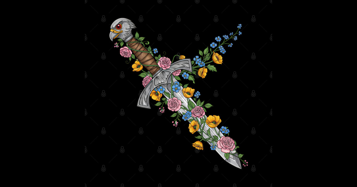 Eagle Hilt Sword with Poppy and Roses Floral - Retro Vintage Aesthetic ...
