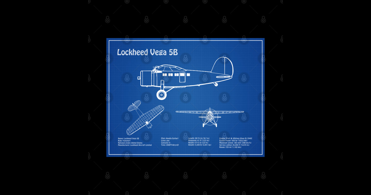 Lockheed Vega 5b of Amelia Earhart - Airplane Blueprint - AD - Lockheed Vega - Sticker | TeePublic