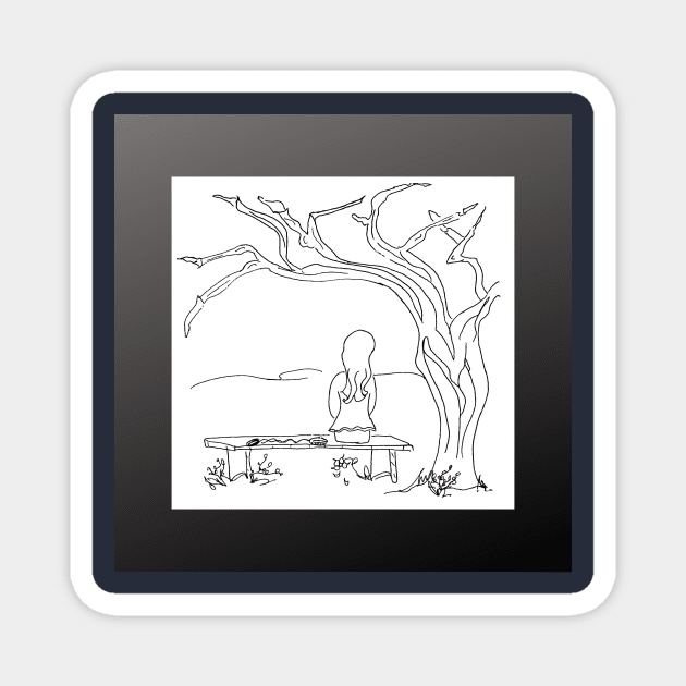Woman Drawing Black White Pet Loss Bench Tree - Simple - Magnet | TeePublic