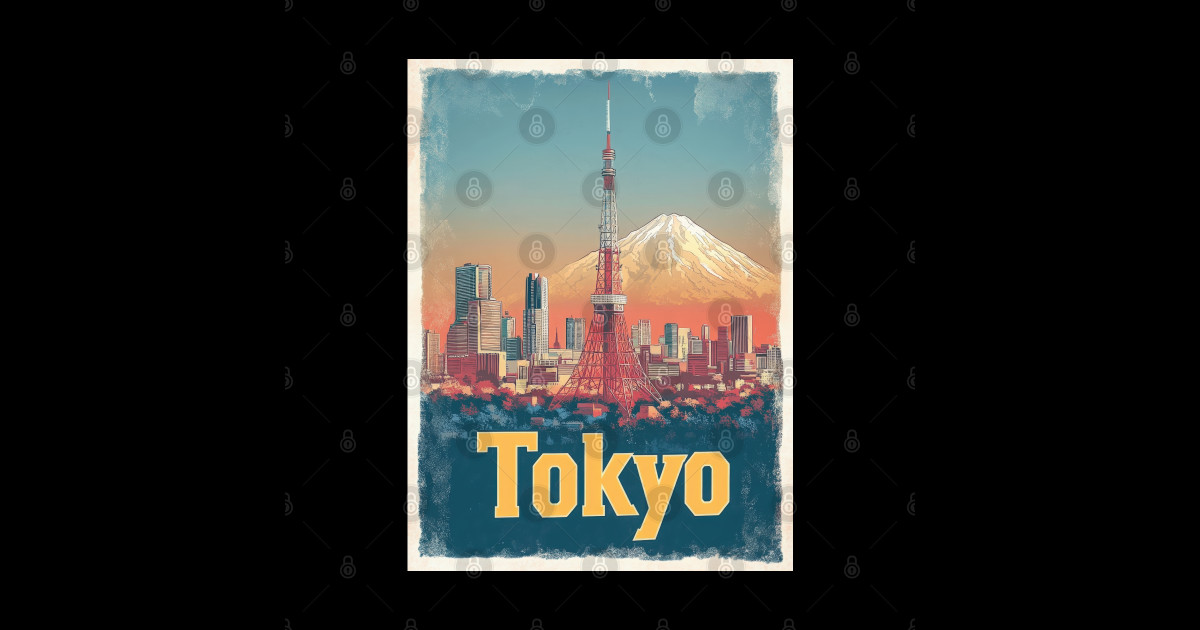 The vintage travel poster captures Tokyos skyline, showcasing the ...