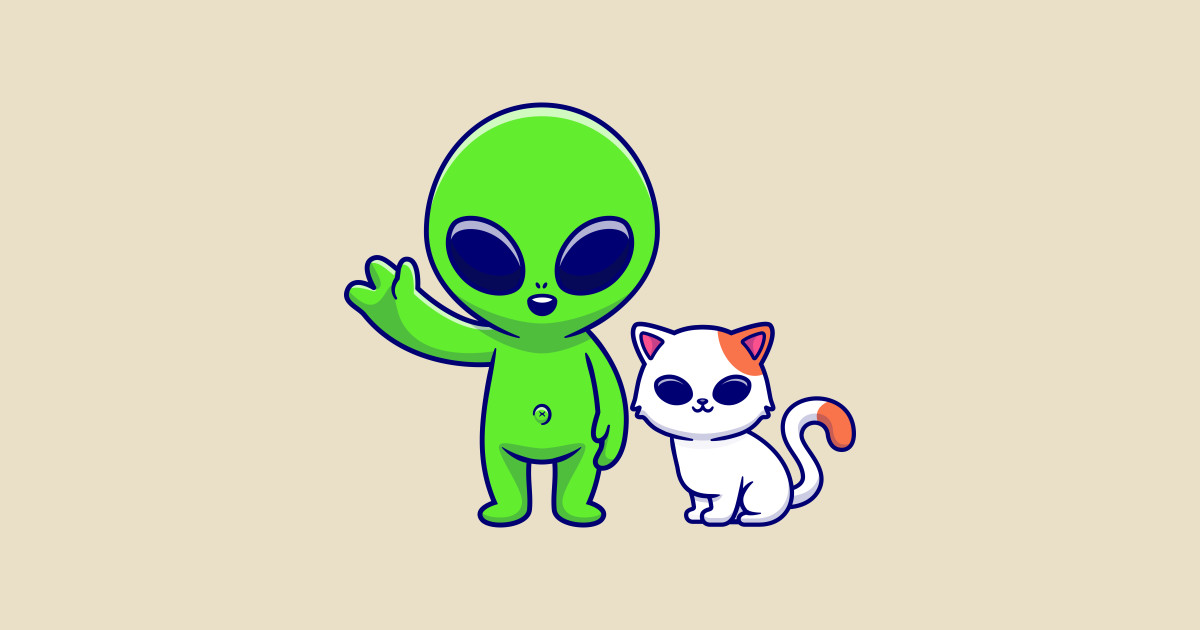 Cute Alien with Cat Cartoon - Cute Alien With Cat Cartoon - T-Shirt ...