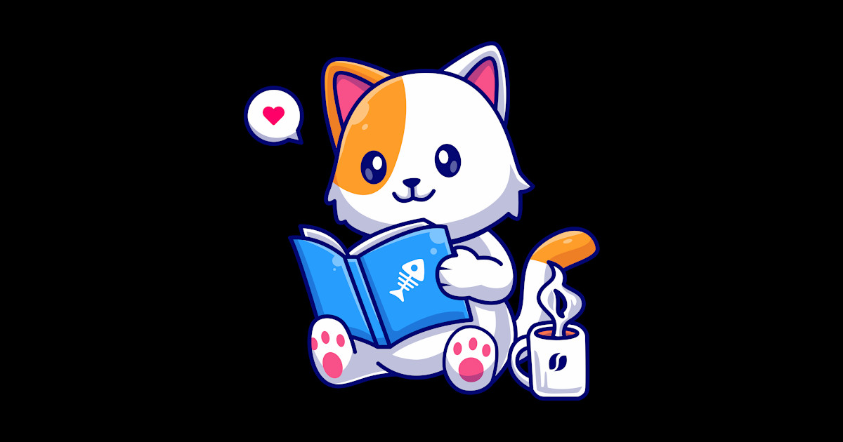Cute Cat Reading Book With Coffee Cartoon - Cute Cat Reading Book With ...
