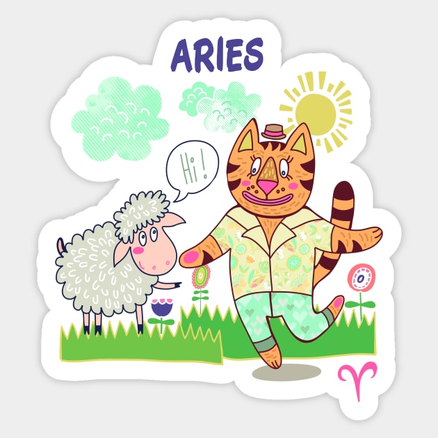 Zodiac Fun Aries Sheep and Cat - Aries - Sticker | TeePublic