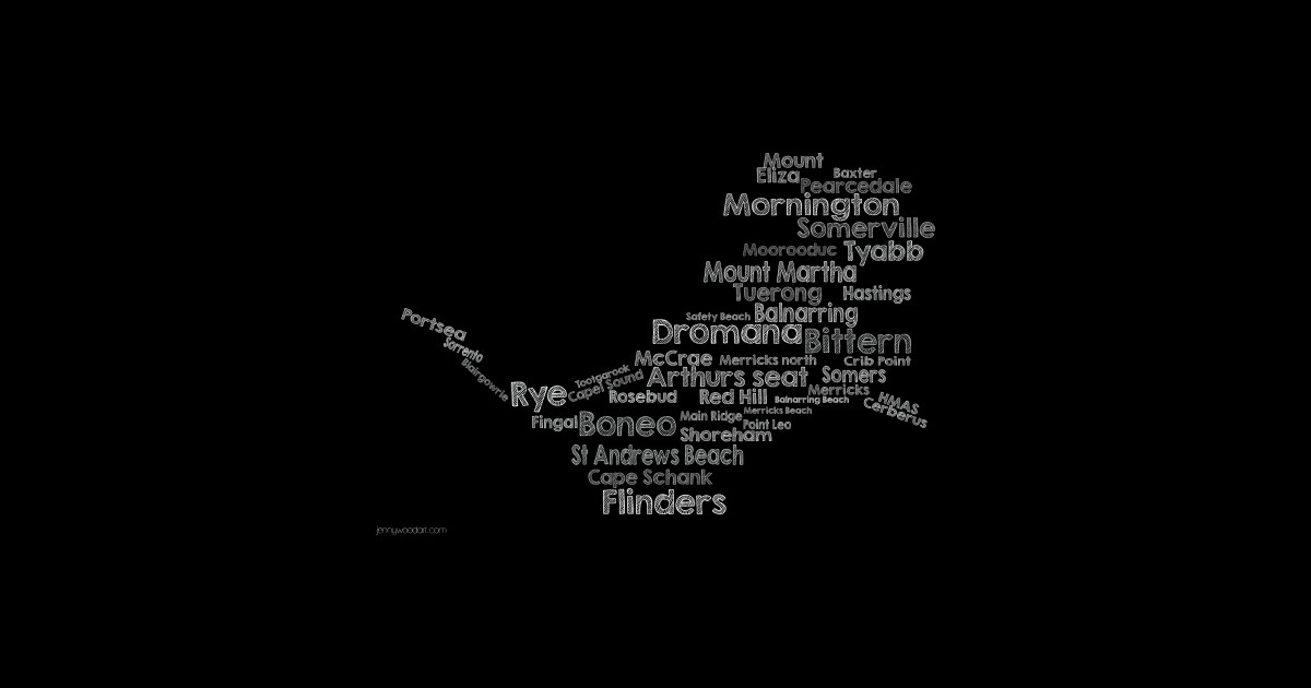 Mornington Peninsula word cloud (black) - Word Cloud - Sticker | TeePublic