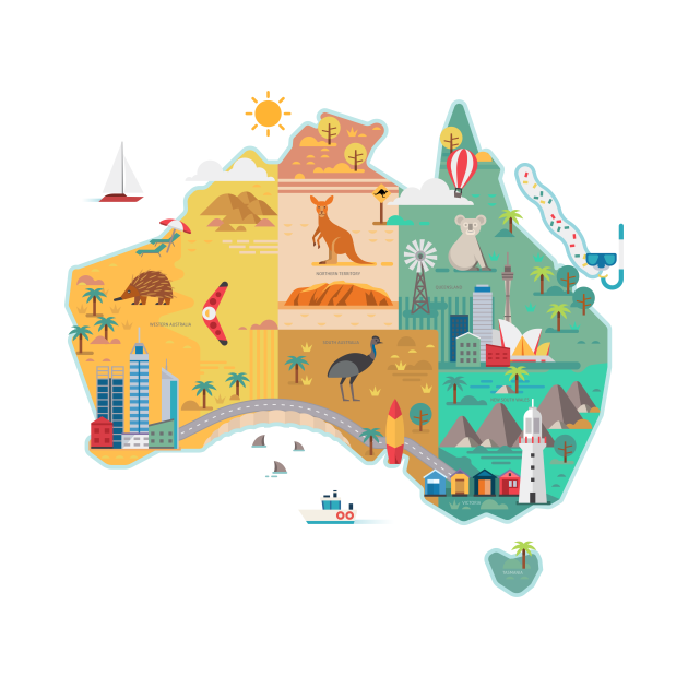 Cartoon Map of Australia - Cute - T-Shirt | TeePublic