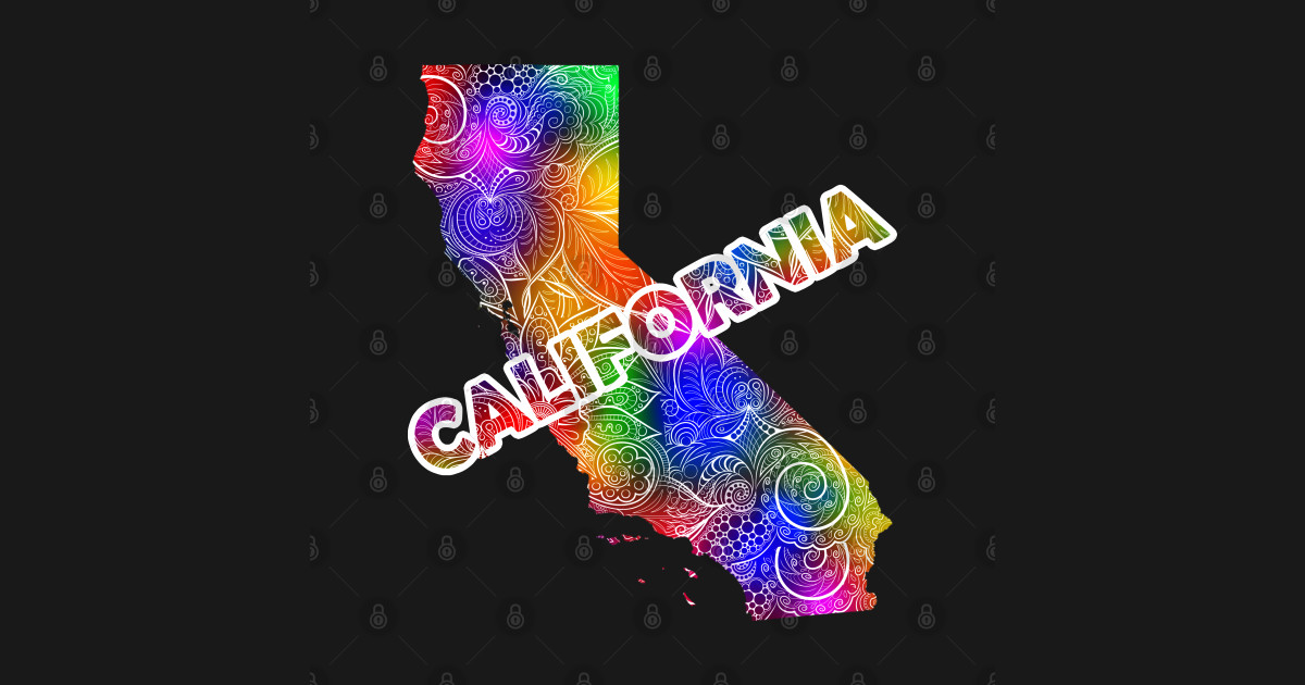 Colorful mandala art map of California with text in multicolor pattern ...