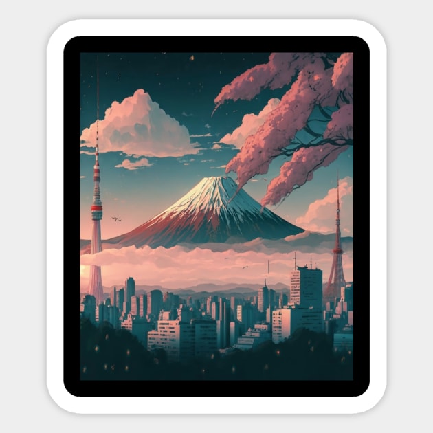 Mount Fuji - future japanese City - Mount Fuji - Sticker | TeePublic
