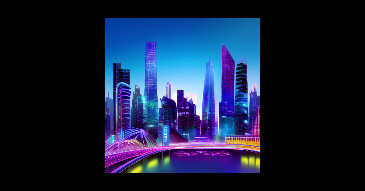 Ai Generated Art Scenery - Futuristic City Near River With Neon ...
