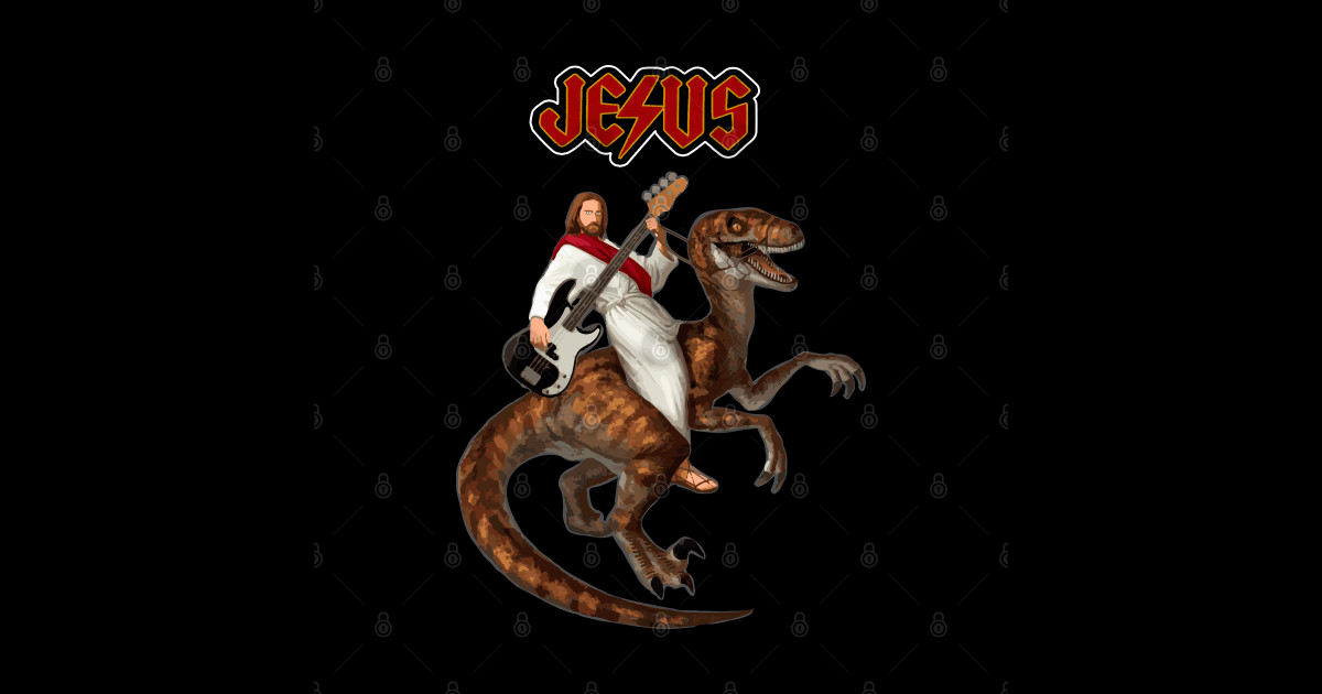 Jesus ridding a dinosaur with a guitar - Jesus Christ - Sticker | TeePublic