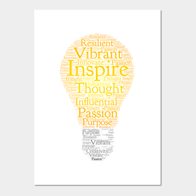 Inspire Light Bulb Word Cloud Orange Light Art - Light Bulb - Posters ...