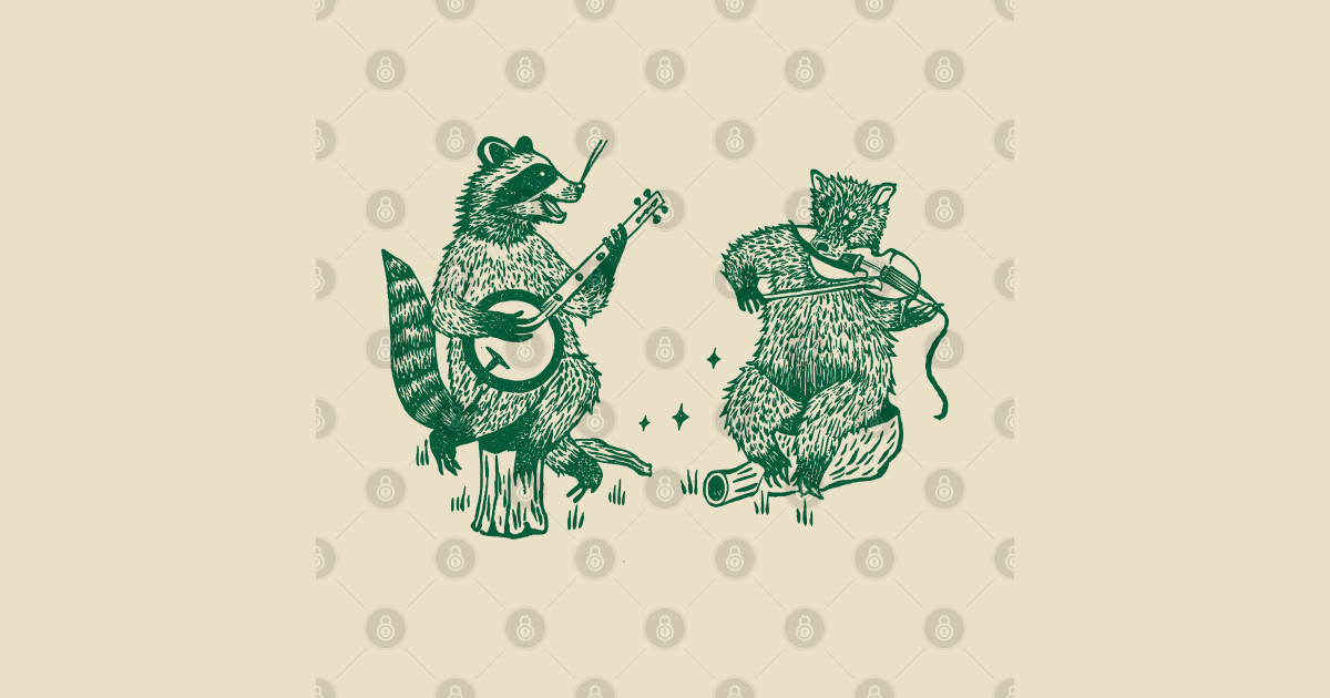 Raccoon Playing Banjo & Possum Playing Fiddle, Vintage Linocut Art ...