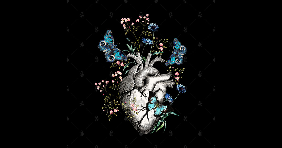 Human heart anatomy with blue butterflies and flowers, floral art of ...