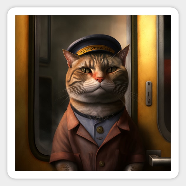 cat train conductor - Cat - Sticker | TeePublic