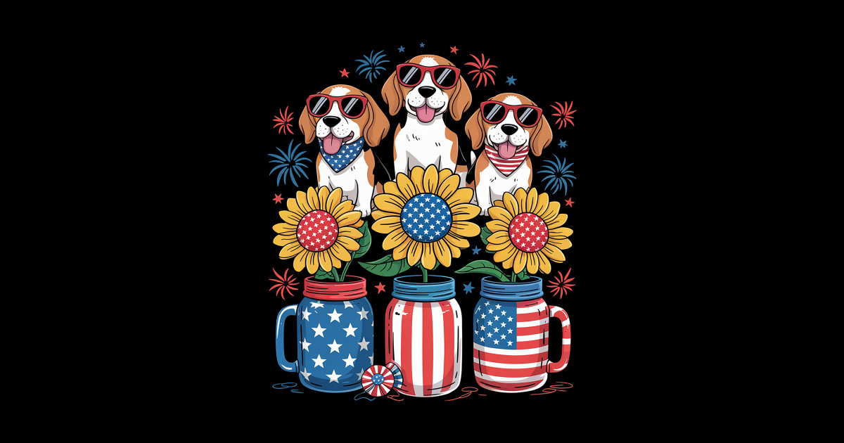 Three Cute Beagles Sunglasses Flag 4th Of July Sunflower - Three Cute ...