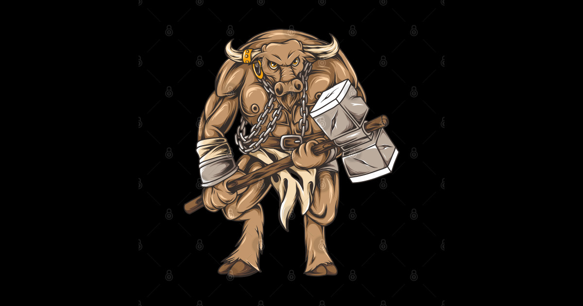 Minotaur carrying hammer - Minotaur Carrying Hammer - Sticker | TeePublic
