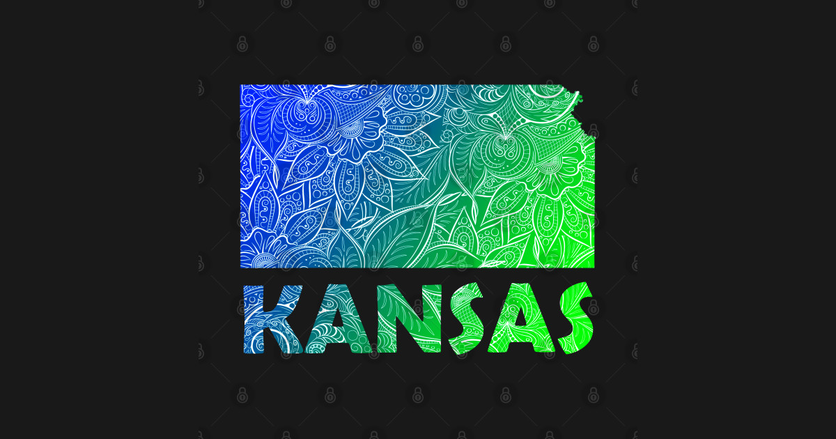 Colorful mandala art map of Kansas with text in blue and green - Kansas ...