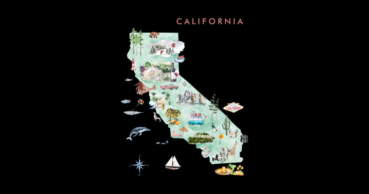 Illustrated Map of California - California Map - Sticker | TeePublic