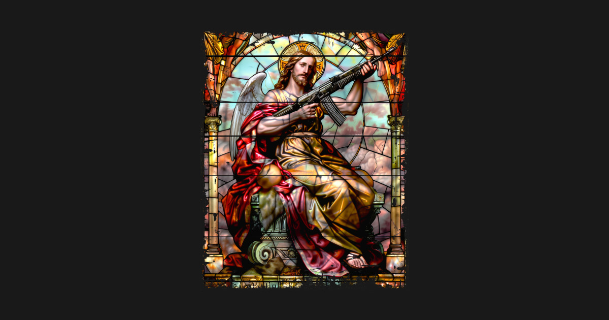 Jesus with AK47 Gun Stained Glass Funny - Stained Glass - T-Shirt ...