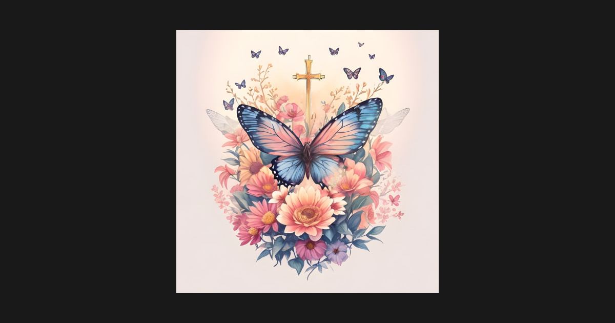 Butterfly and Gold Cross - Floral - T-Shirt | TeePublic