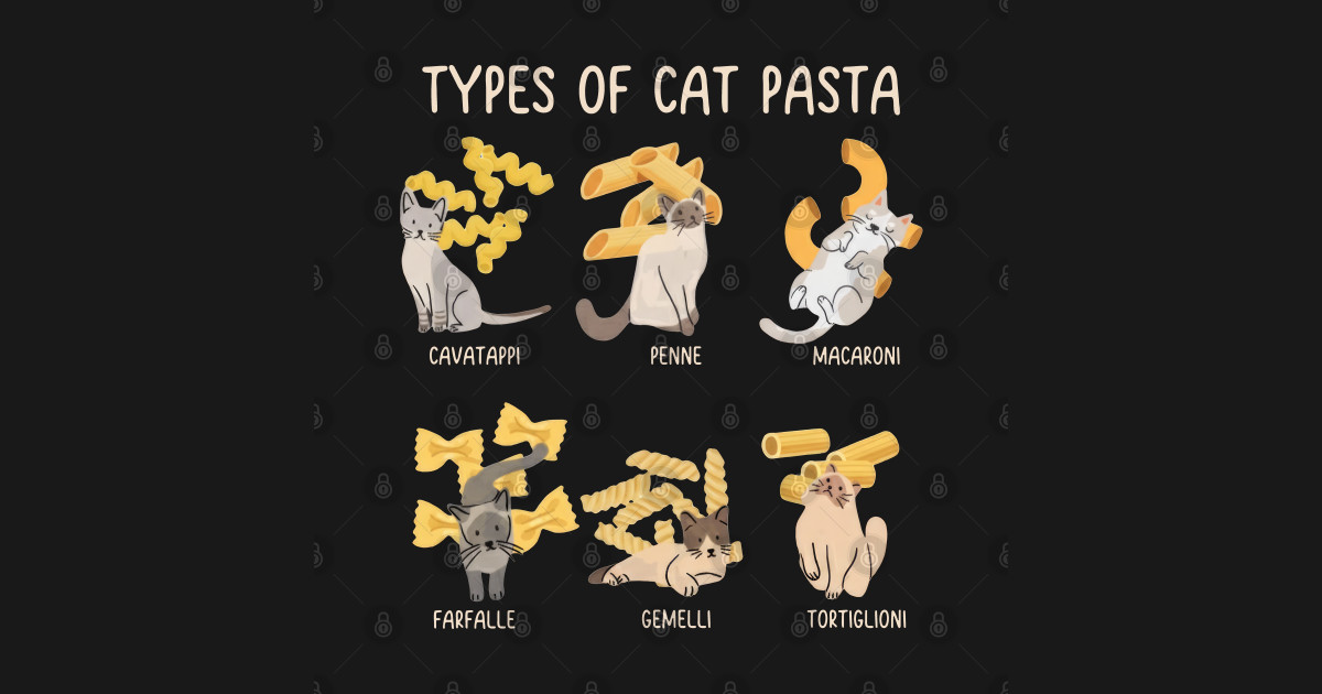 Funny Cat Pasta Chart with Cute Noodle Breeds - Cat Pasta - T-Shirt ...