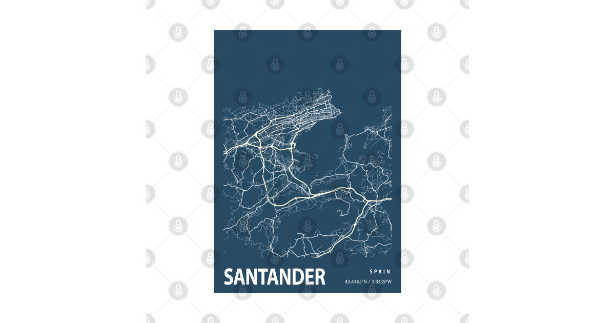 Santander Blueprint Street Map, Santander Colour Map Prints - Santander ...