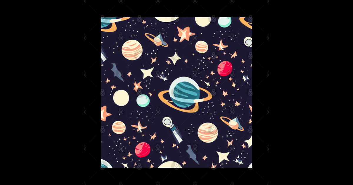 A space-themed pattern featuring stars, planets, and other cosmic ...