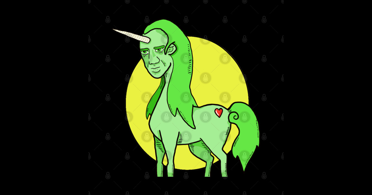 Nic Cage unicorn in green. - Nic Cage - Sticker | TeePublic