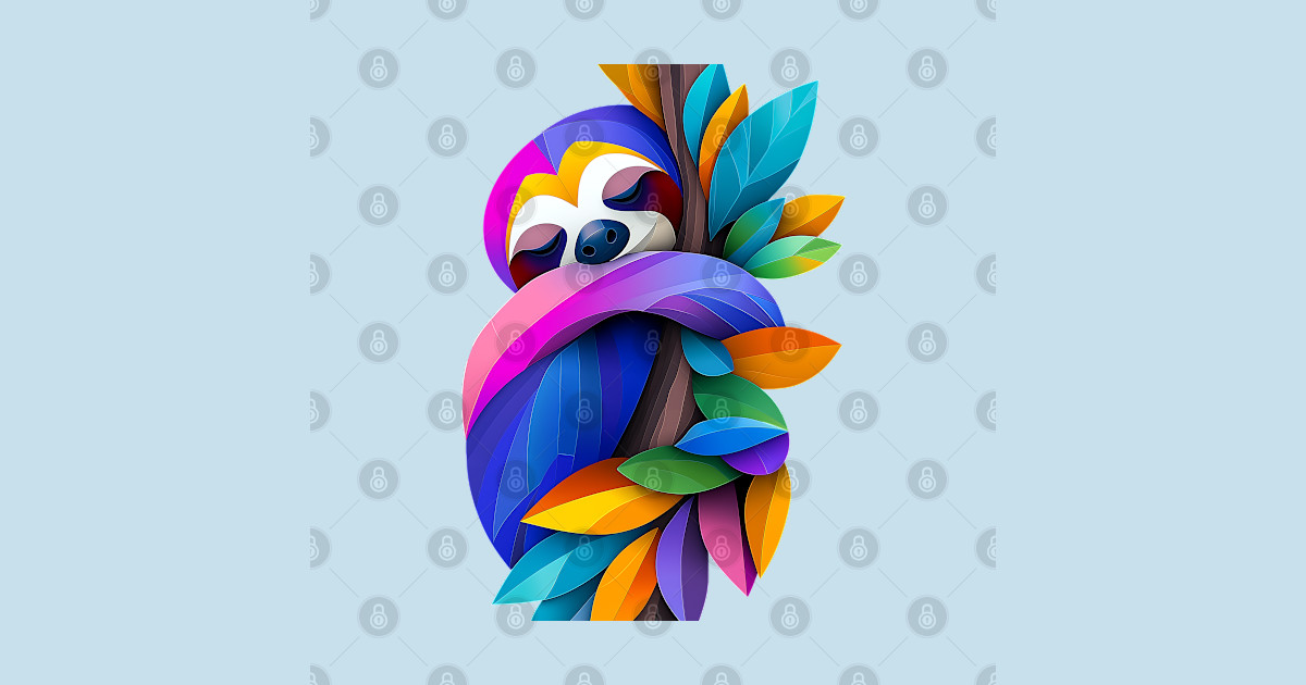 A cute, colorful and adorable sloth hugging a tree, minimalist and ...