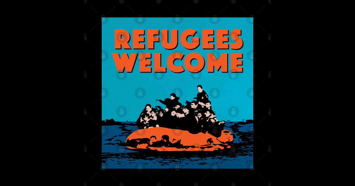 REFUGEES WELCOME - COLOURFUL ILLUSTRATION SHOWING REFUGEES ON A SMALL ...