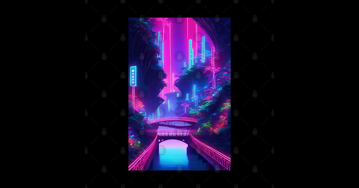 Neon bridge in future japan - Neon Cityscape - Sticker | TeePublic