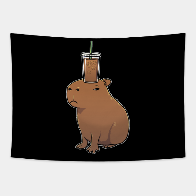 Capybara with an Iced Coffee on its head - Capybaras - Tapestry | TeePublic