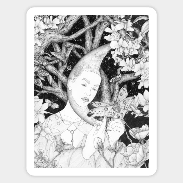 The Moon and Her Moths - Moon - Sticker | TeePublic