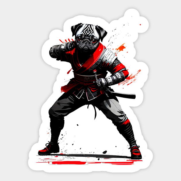 Fierce and Adorable Pug Samurai in Action - Pug - Sticker | TeePublic
