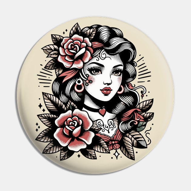 Gypsy Girl Traditional Tattoo - Classic Tattoo - Pin | TeePublic