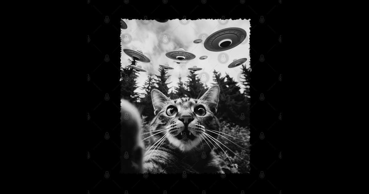 Invasion Meme Retro Alien Cat UFO Selfie - Cat Ufos - Sticker | TeePublic