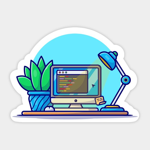 Workspace Cartoon Vector Icon Illustration - Laptop - Sticker | TeePublic