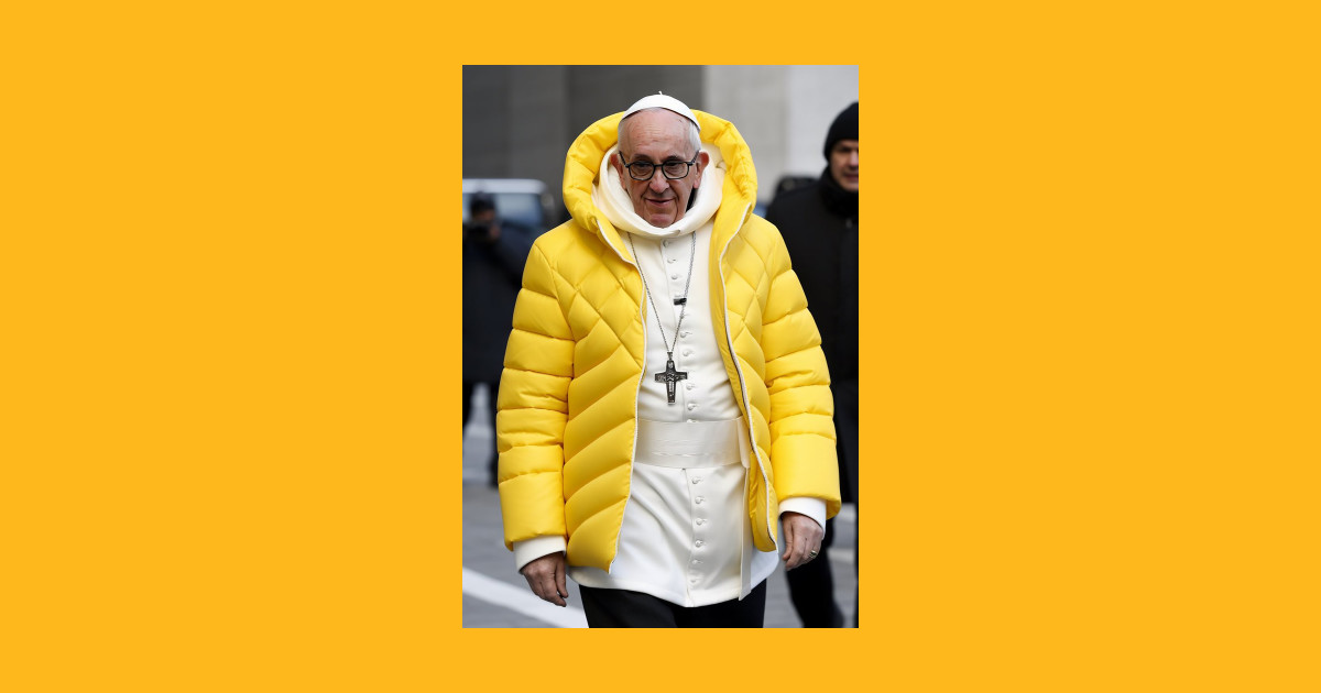Pope Francis in Yellow Puffer Jacket Meme - Pope - T-Shirt | TeePublic