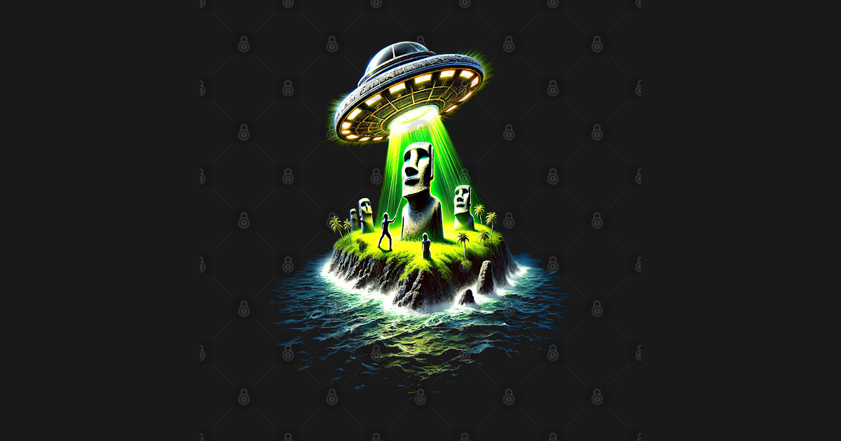 UFO Alien Abduction Moai Statues Cosmic Sci-Fi Island Design - Alien ...