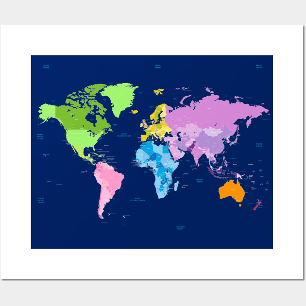 Bright World map listing capital cities - World Travel Map - Posters ...