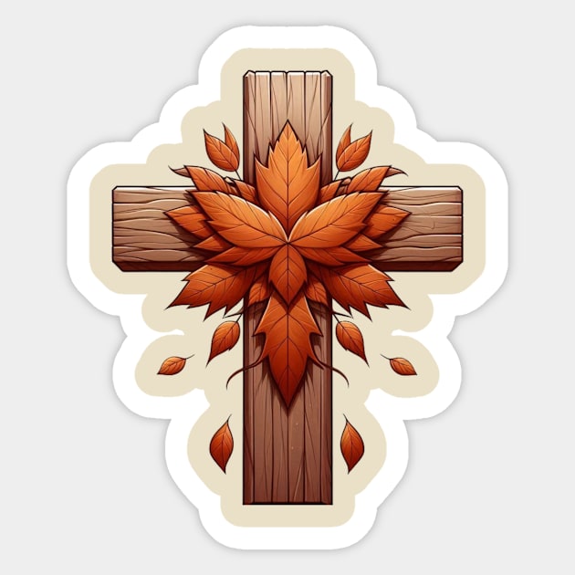 Christian Wooden Cross with Autumn Leaves - Wooden Cross - Sticker ...
