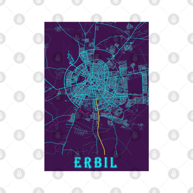 Erbil Neon City Map, Erbil Minimalist City Map Art Print - Erbil Neon ...