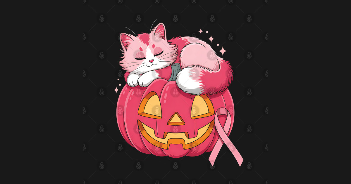 Cute Pink Cat Hugging Pumpkin Breast Cancer Awareness Kitten - Breast ...