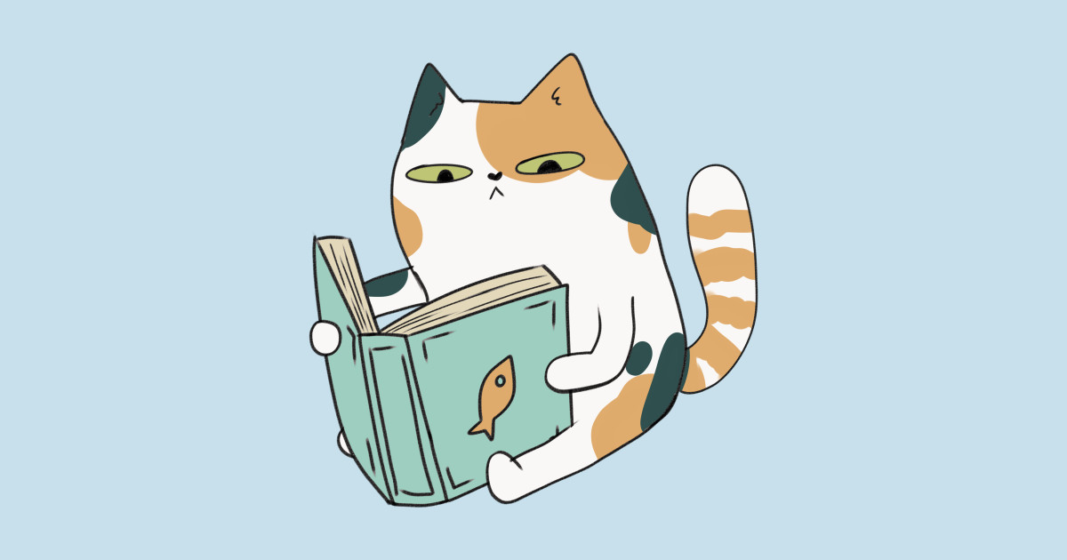 Cute Calico cat reading a book - Cats And Books - T-Shirt | TeePublic
